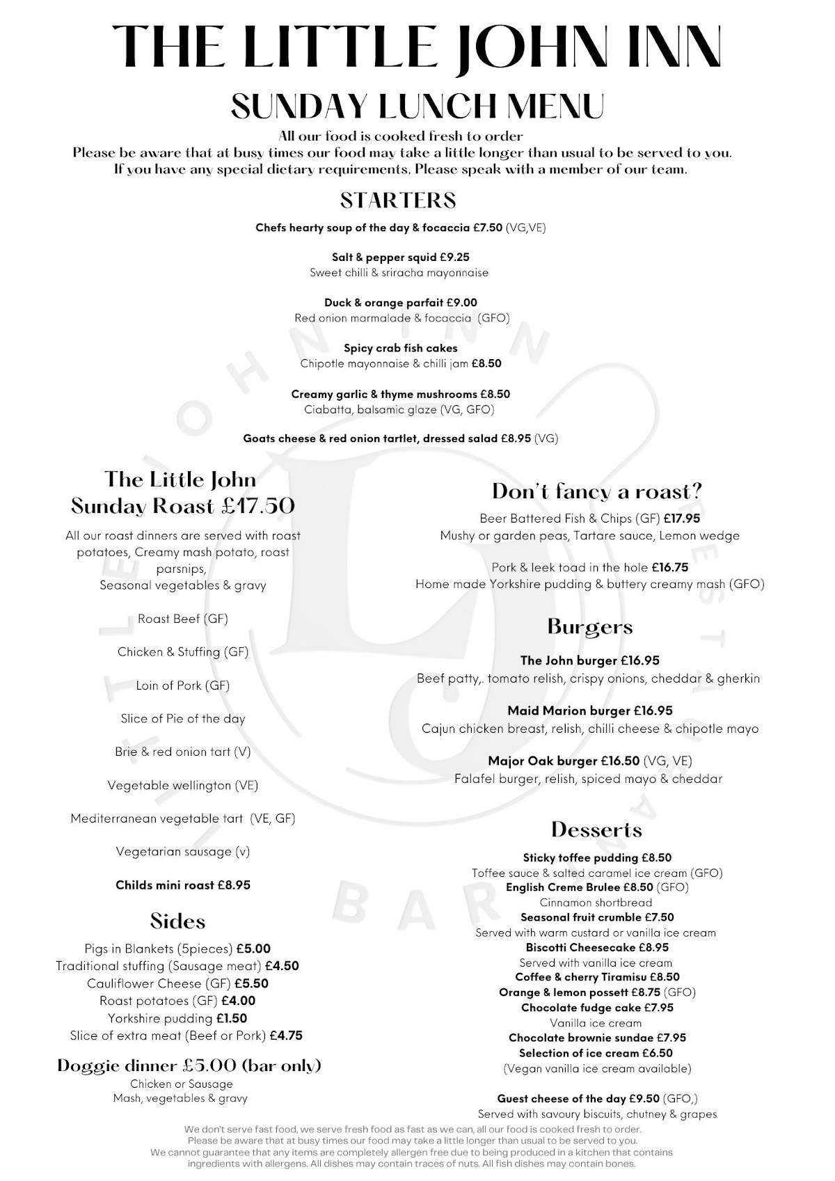Menu at Little John Inn pub & bar, Ravenshead