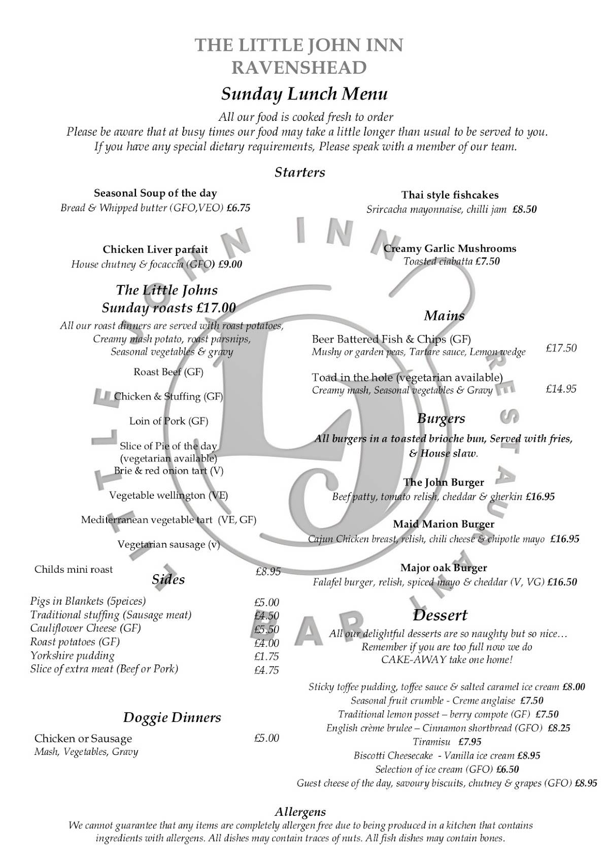 Menu at Little John Inn pub & bar, Ravenshead