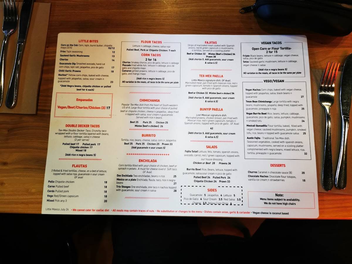 Menu at Little Mexico restaurant, Beaconsfield, 23 Woods St
