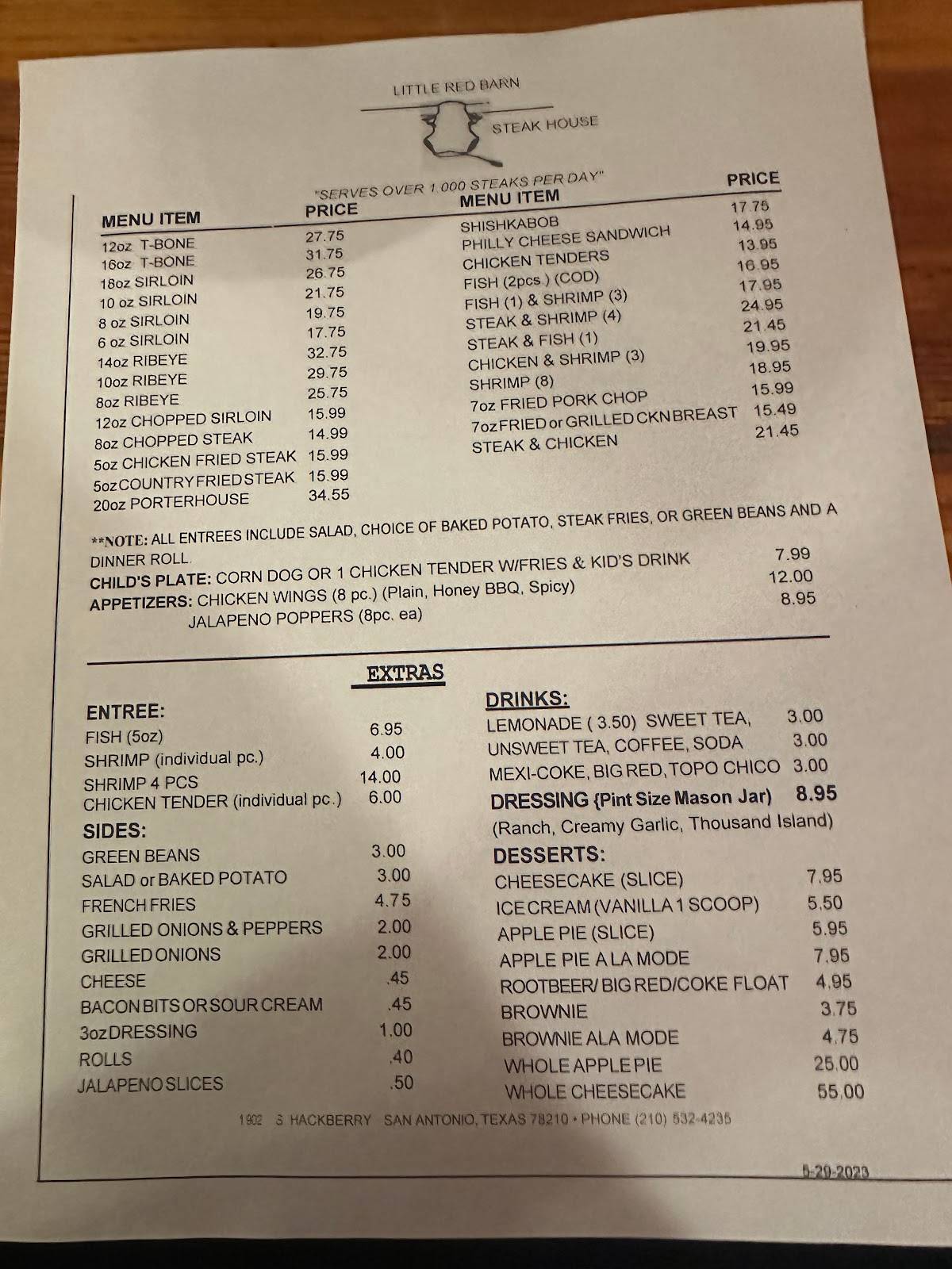 Menu at Little Red Barn Steak House, San Antonio