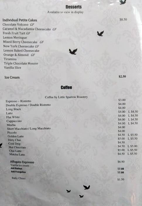 Menu at Little Sparrow Melbourne cafe, Malvern East, Dandenong Rd