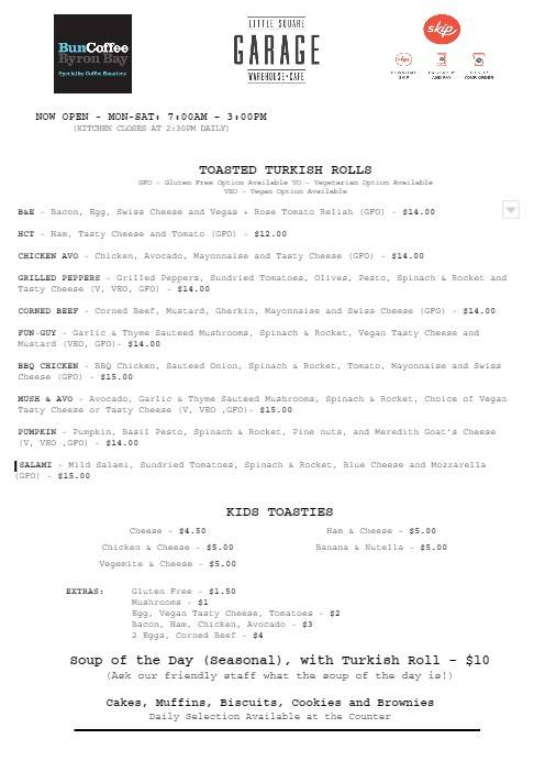 Menu at Little Square Garage cafe, Ballarat East