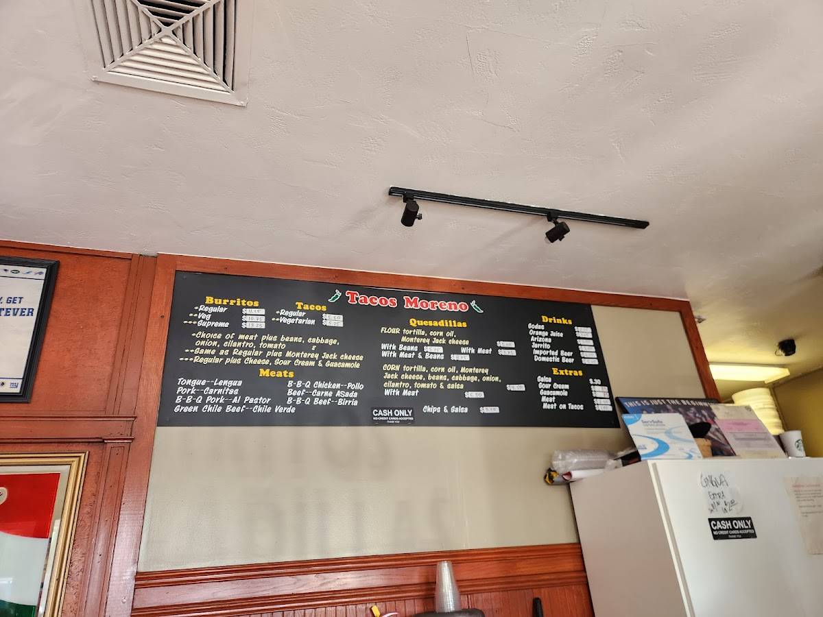 Menu at Tacos Moreno restaurant, Santa Cruz, Water St