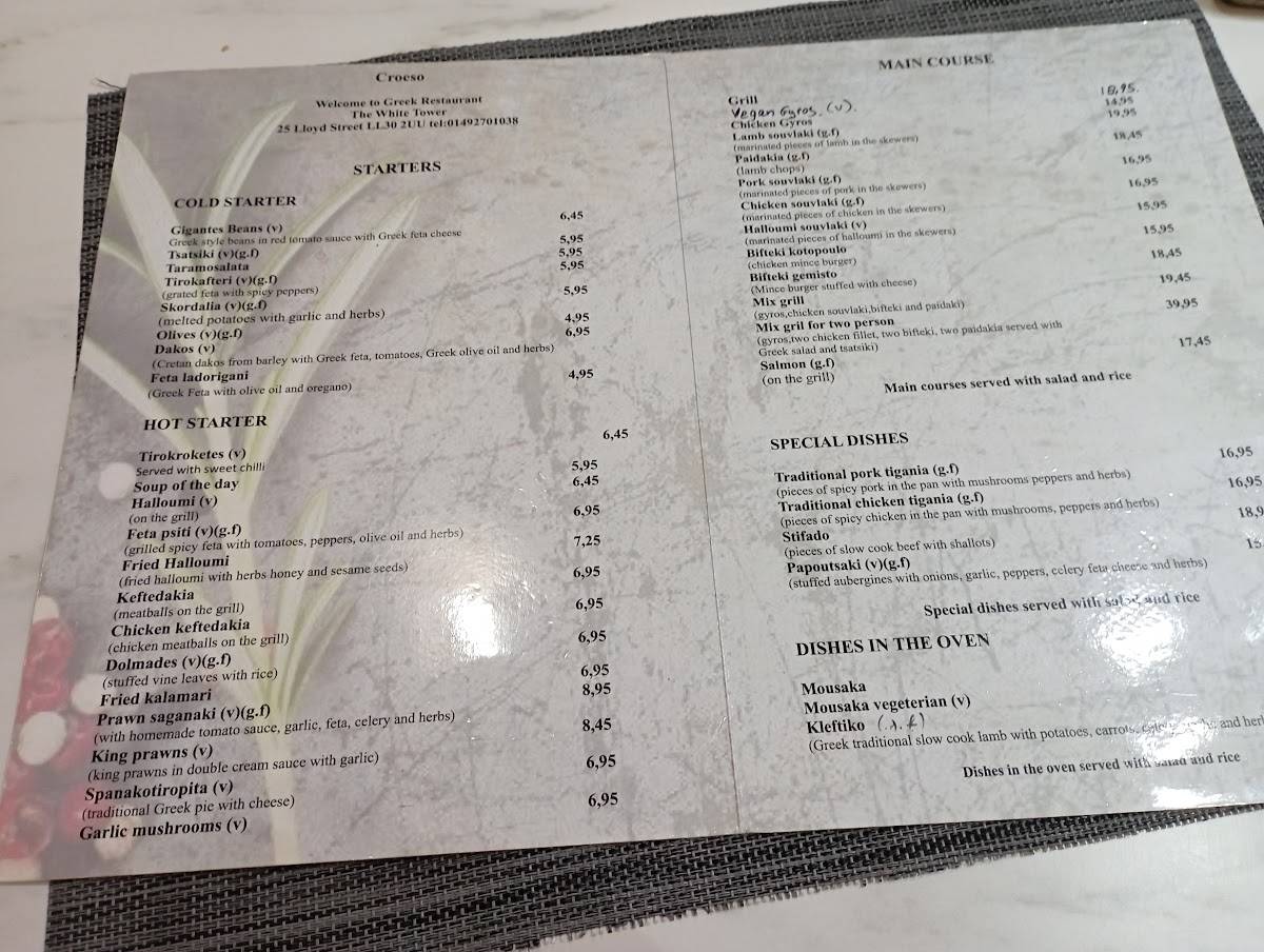 Menu at White Tower restaurant, Llandudno