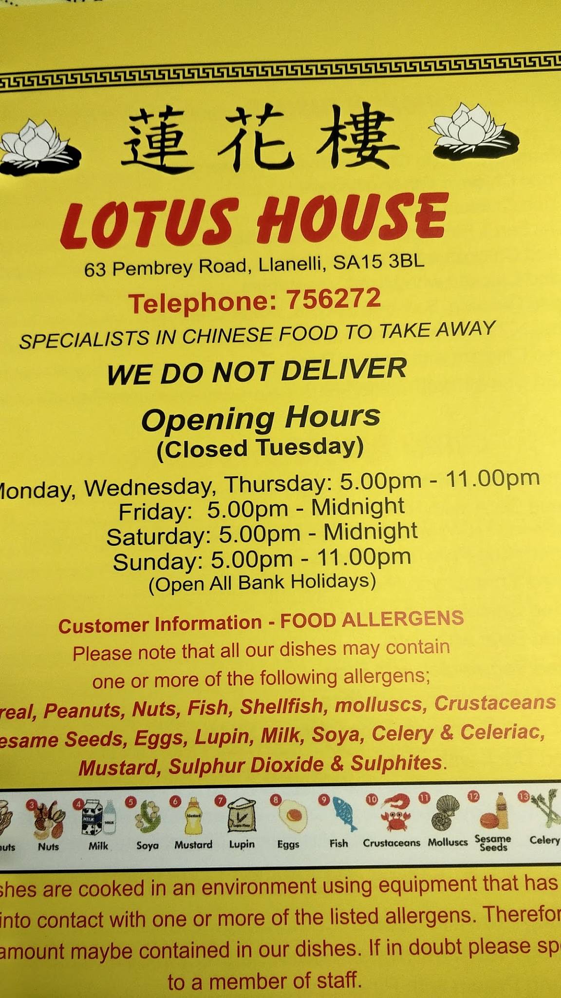 Menu at Lotus House fast food, Llanelli