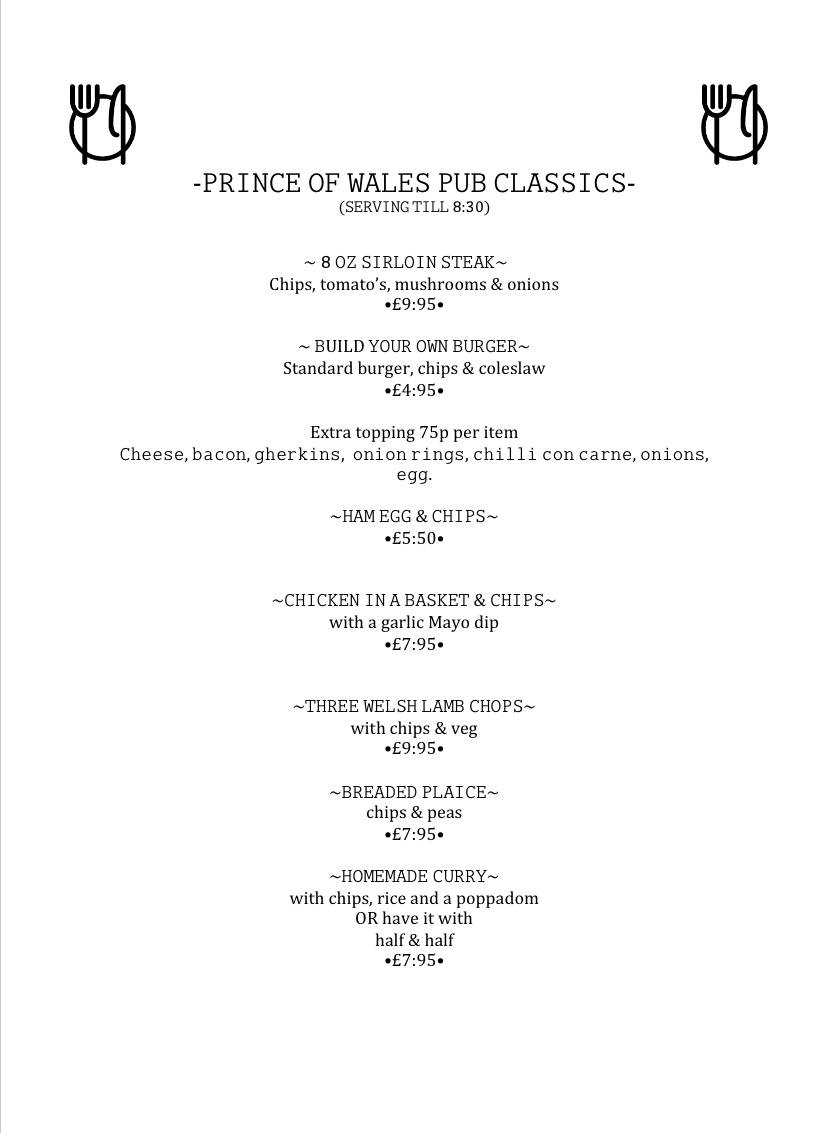 Menu at Prince Of Wales Pub & Accommodation, Llangollen