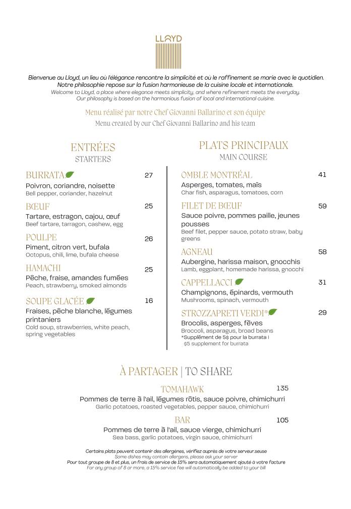 Menu at Lloyd pub & bar, Montréal