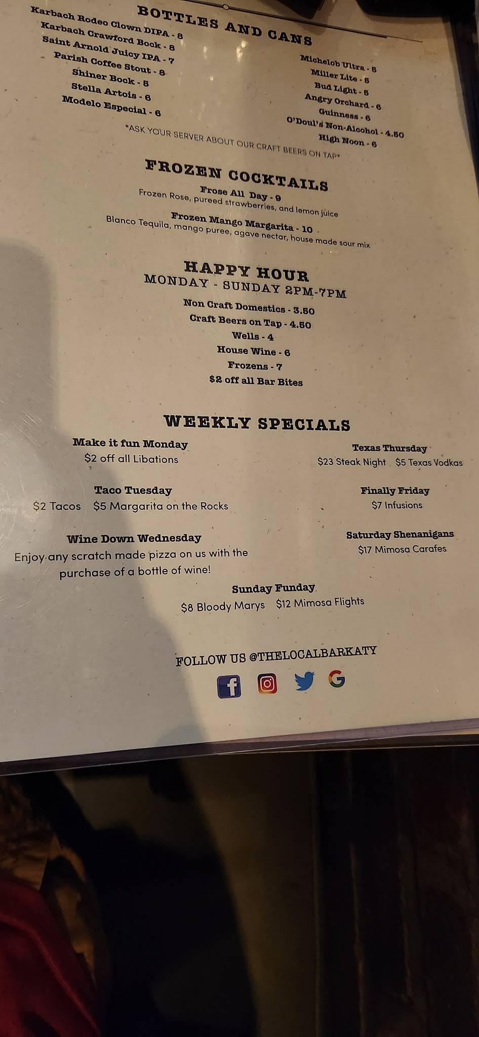 Menu at Local Table restaurant, Katy, Cinco Ranch Blvd