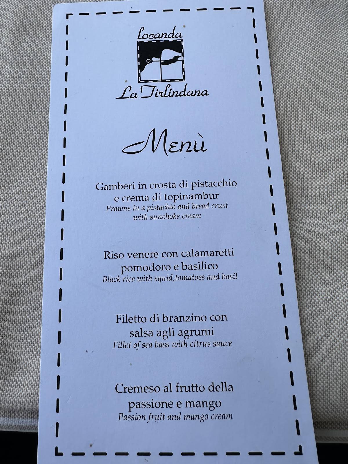 Menu da Locanda La Tirlindana ristorante, Sala Comacina