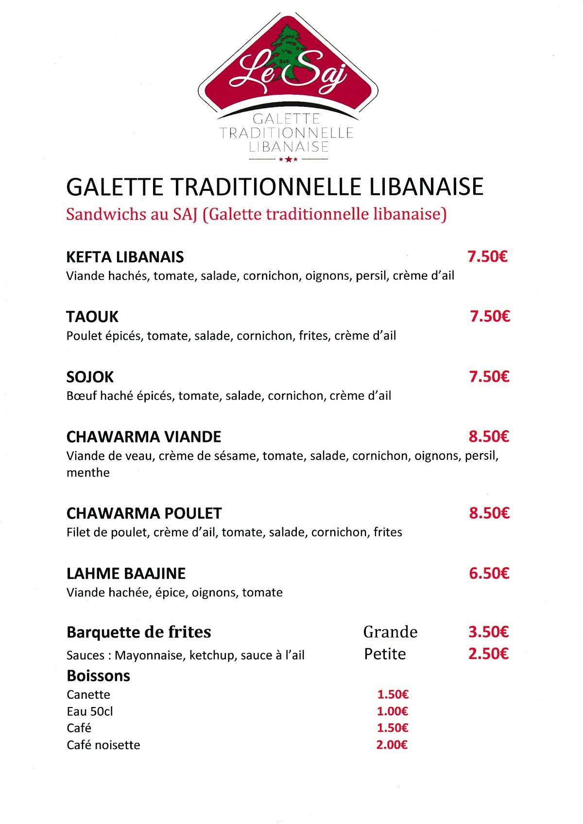 Menu au Le Saj restaurant, Lodève