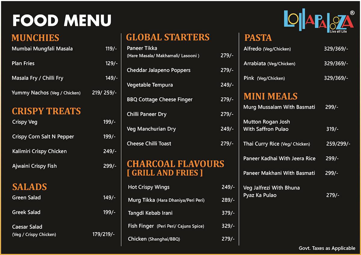 Menu at Lollapalooza Pune, Pune