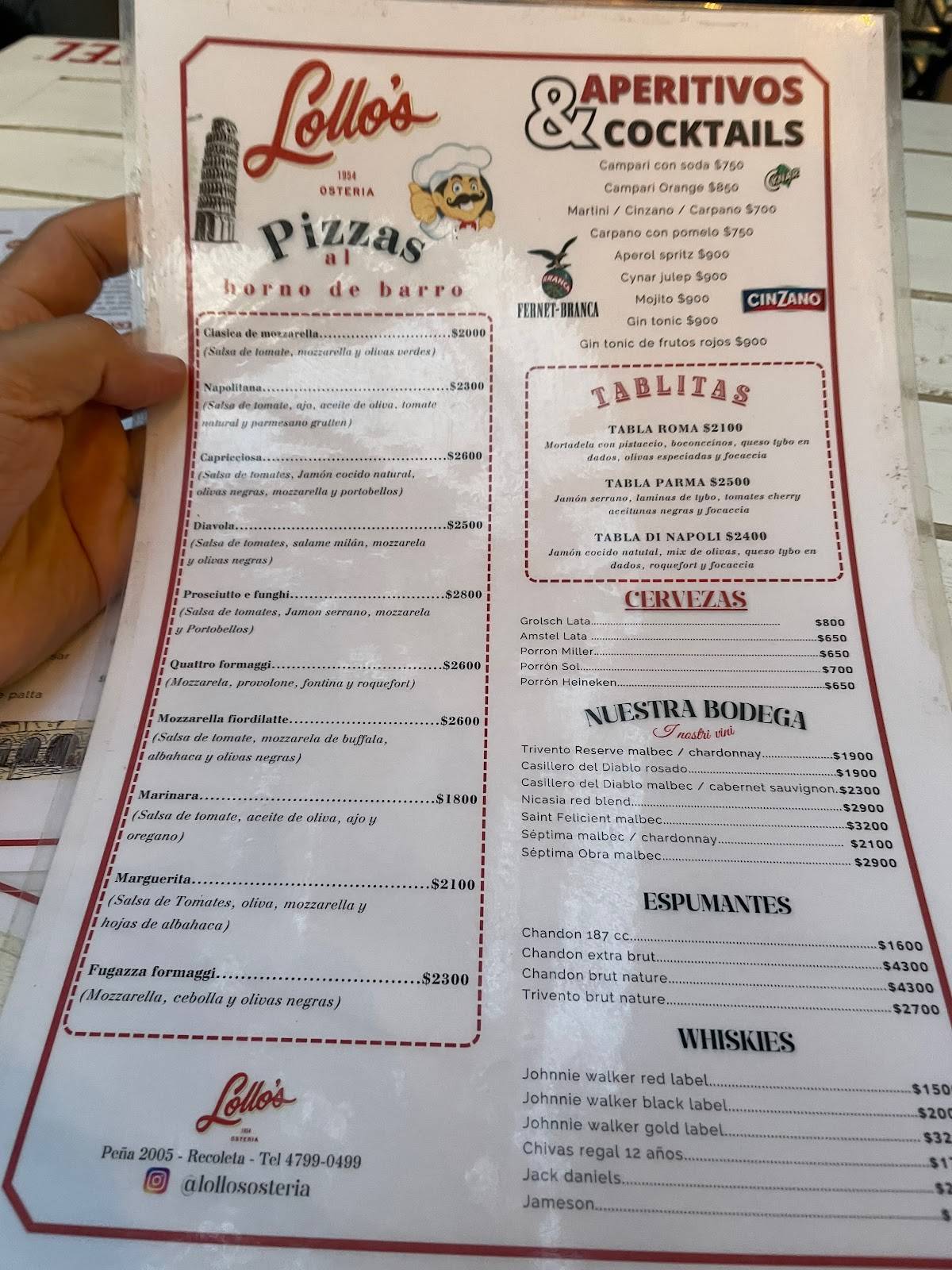 Menu at Lollo's restaurant, Buenos Aires