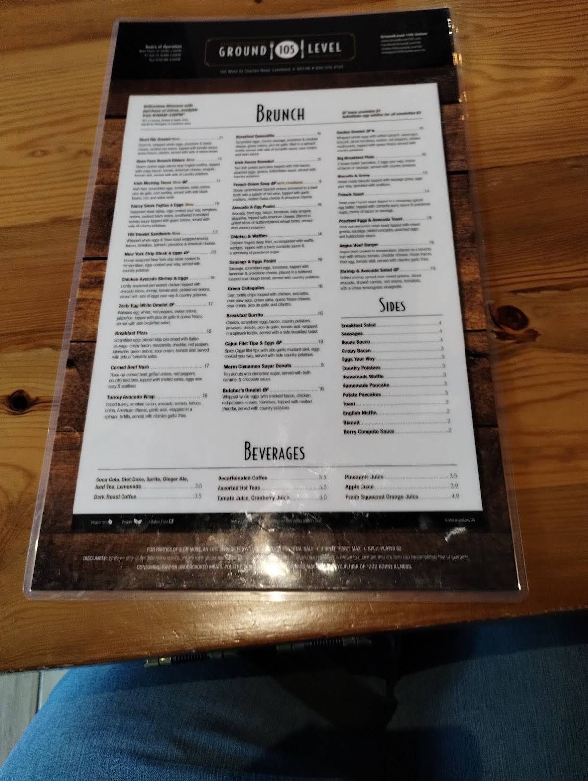 Menu at GroundLevel 105 pub & bar, Lombard