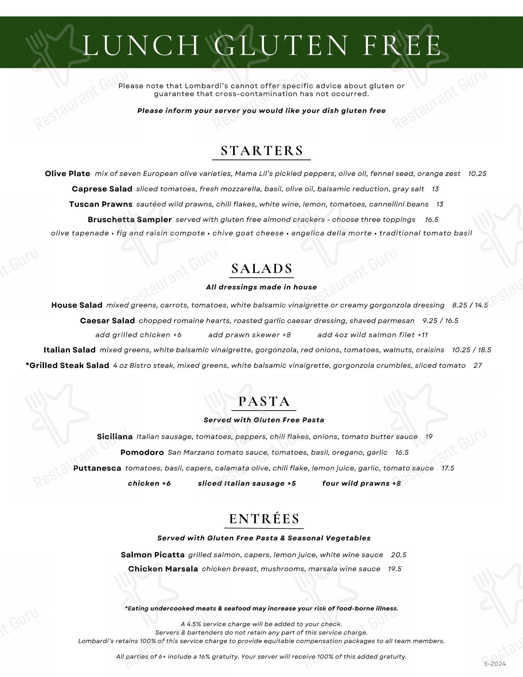 Menu at Lombardi's in Everett, Everett