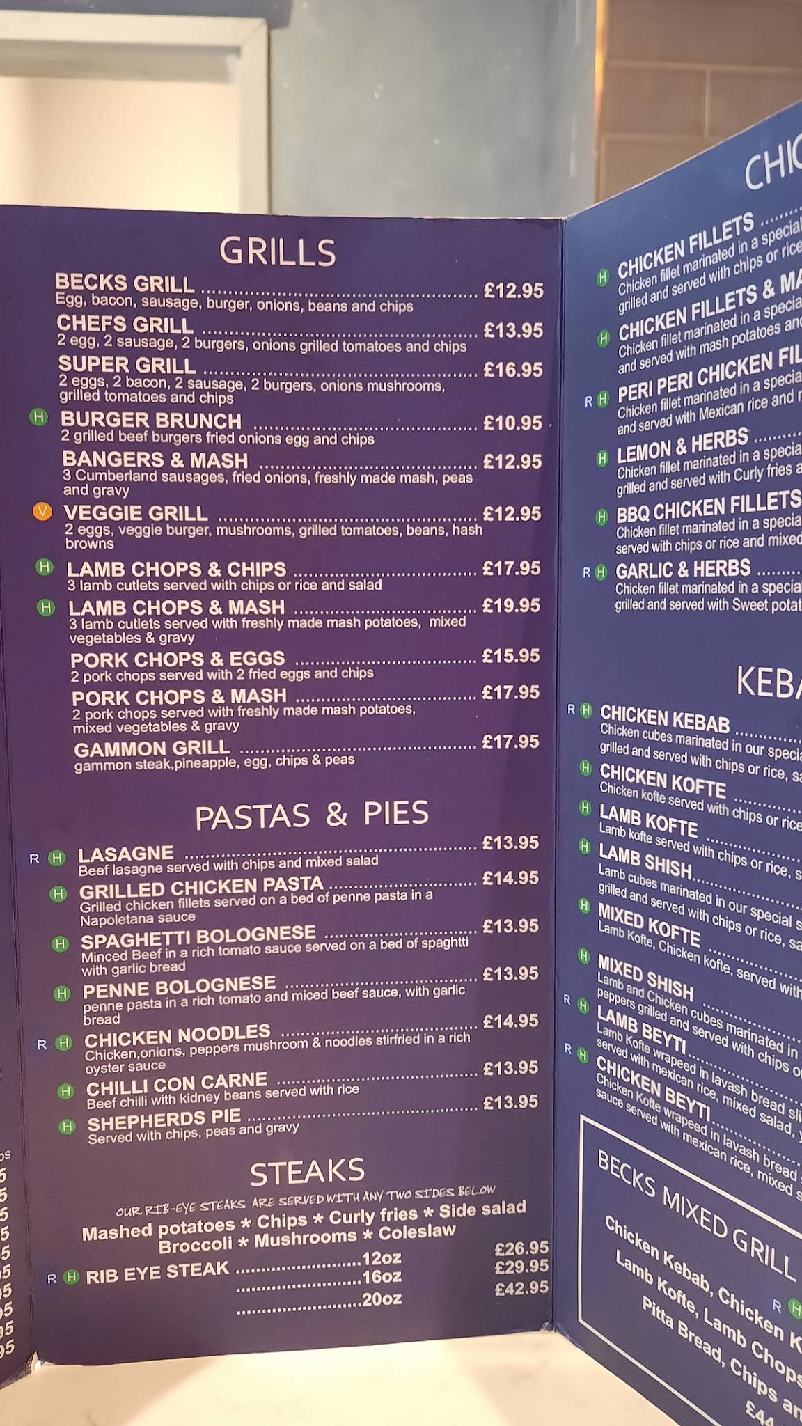 Menu at Becks Cafe, London
