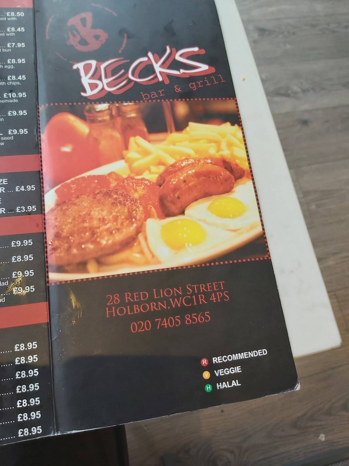 Menu at Becks Cafe, London