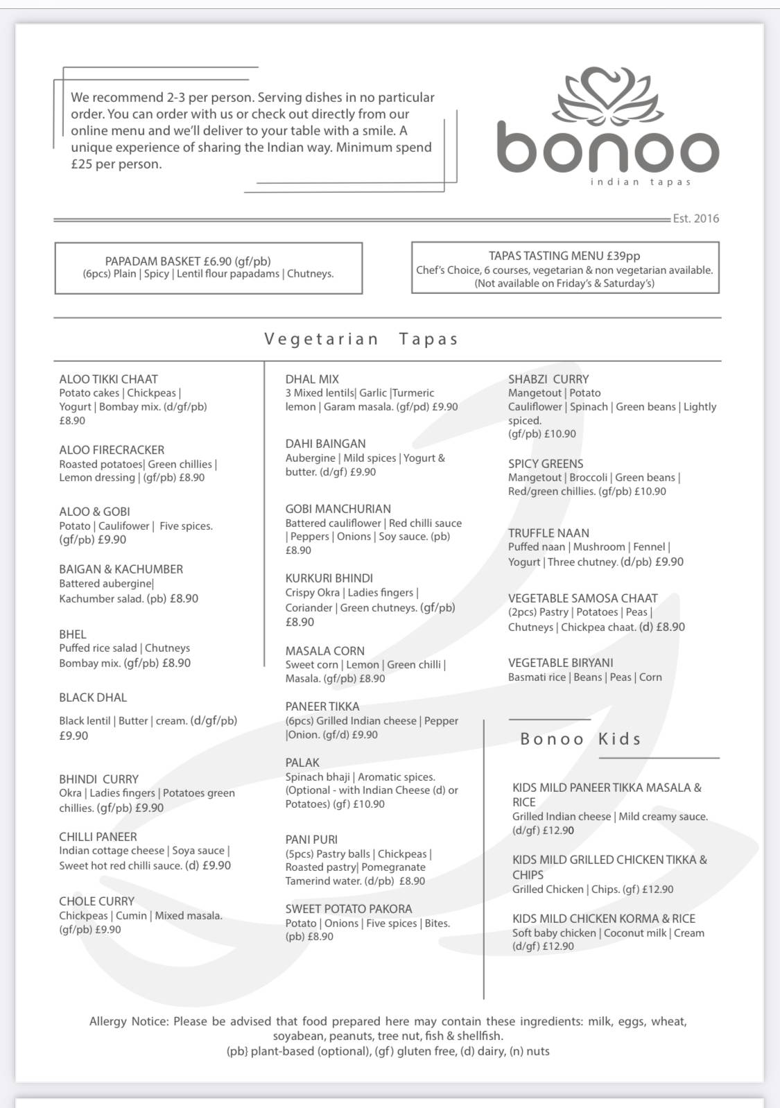 Carta del restaurante Bonoo Indian Tapas Hampstead, Londres