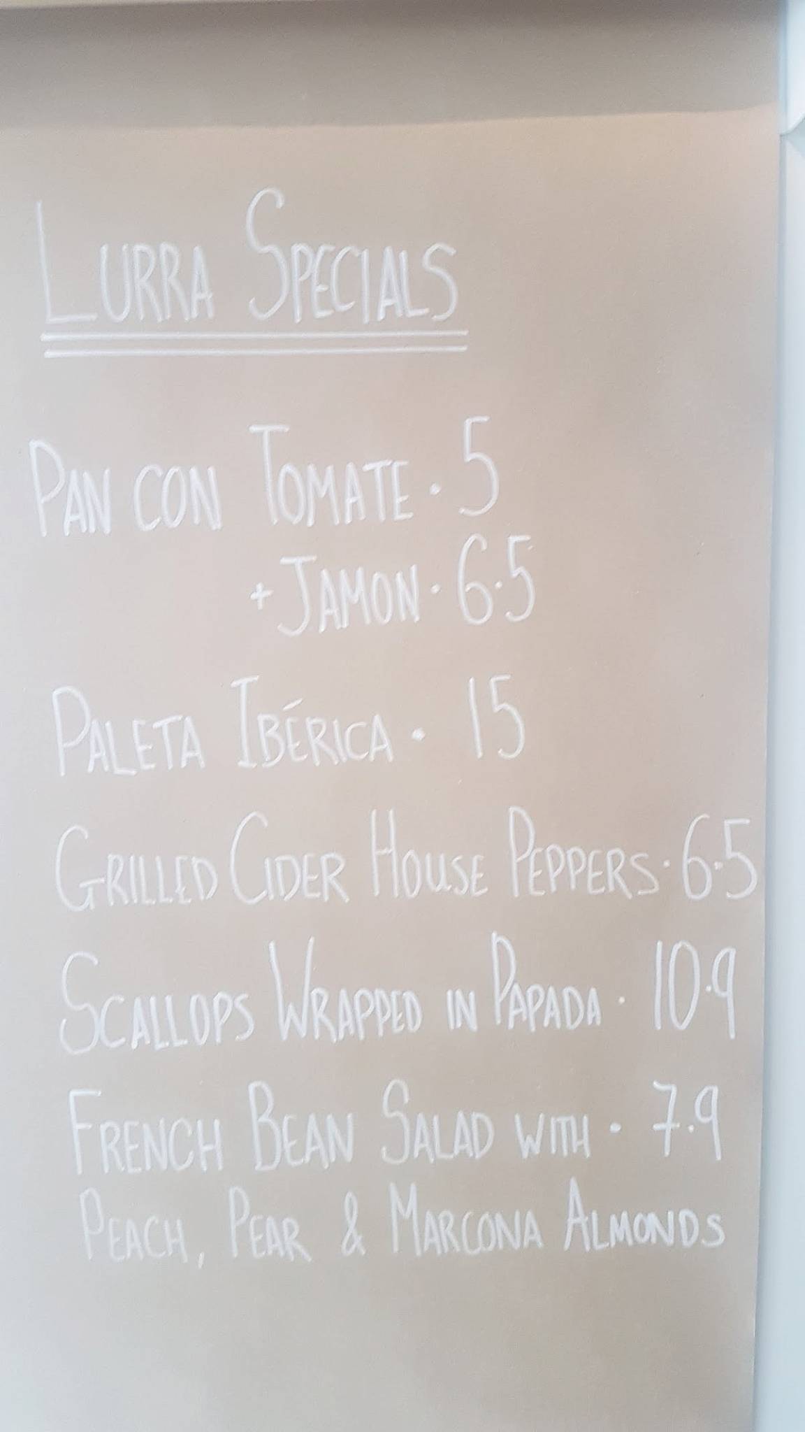 Menu at Lurra restaurant, London