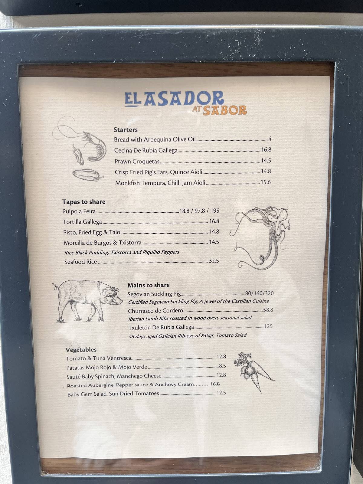 Menu at Sabor restaurant, London, 35-37 Heddon St
