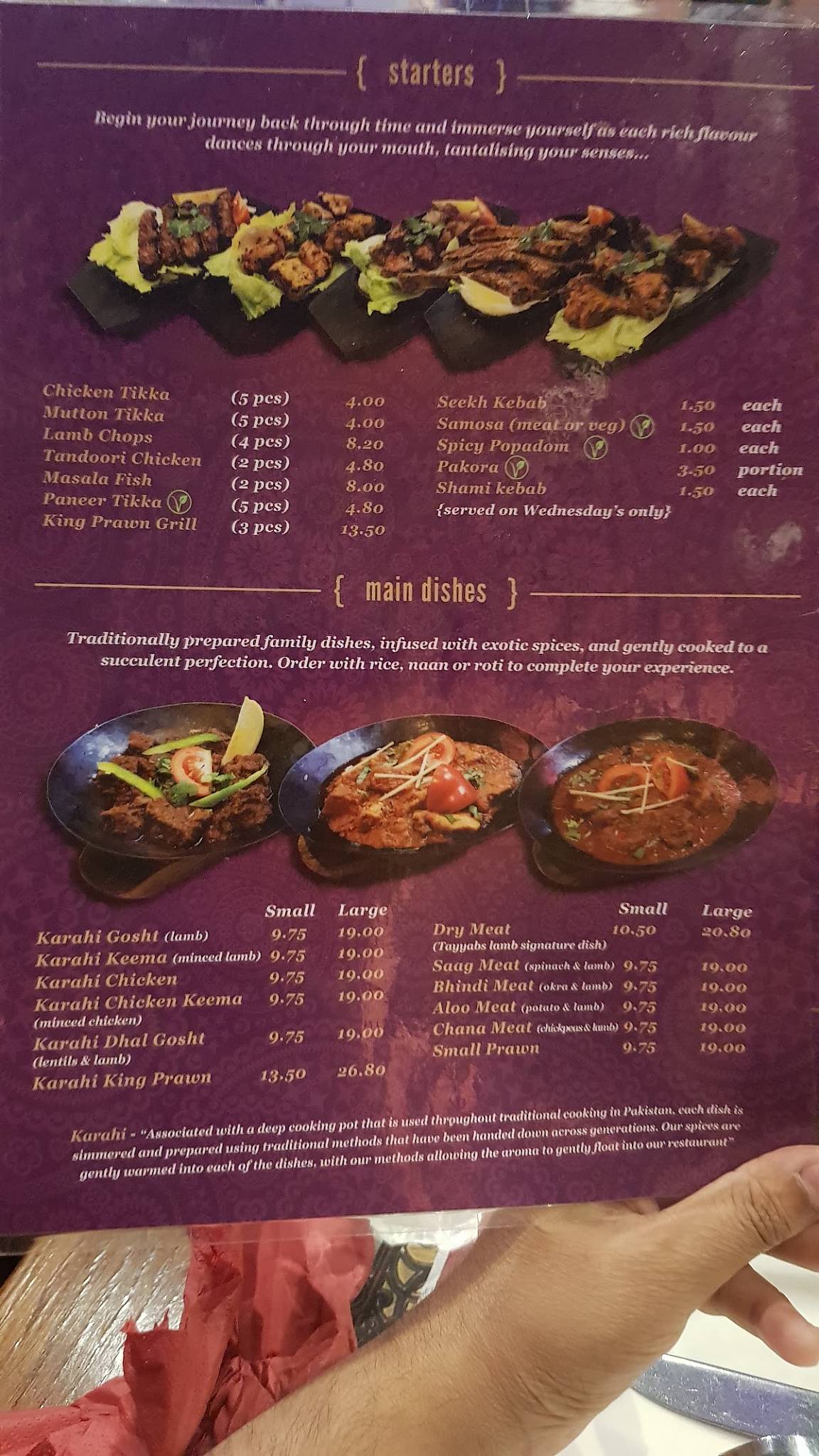 Menu at Tayyabs restaurant, London, 83-89 Fieldgate St