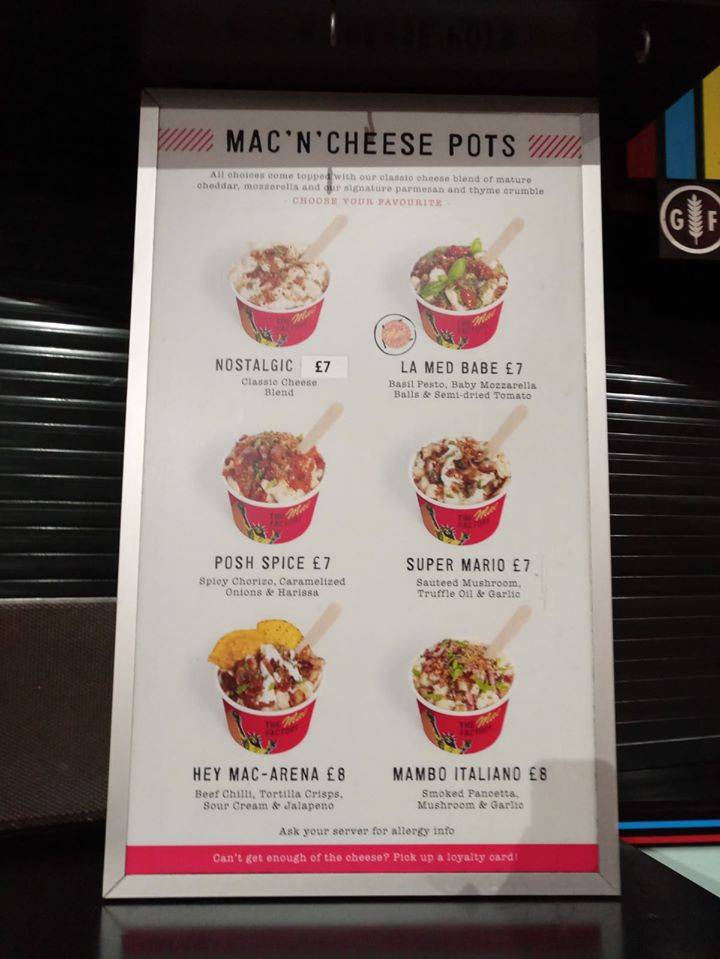 Menu at The Mac Factory restaurant, London, Camden Lock Market