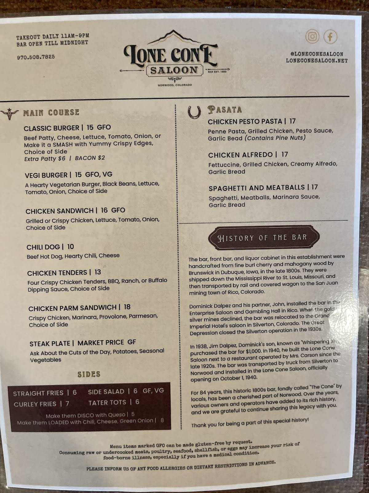 Menu at Lone Cone Saloon - Restaurant & Bar, Norwood