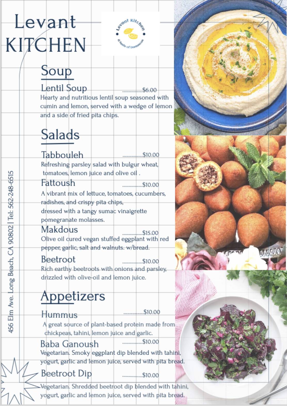 Menu at Levant Kitchen restaurant, Long Beach