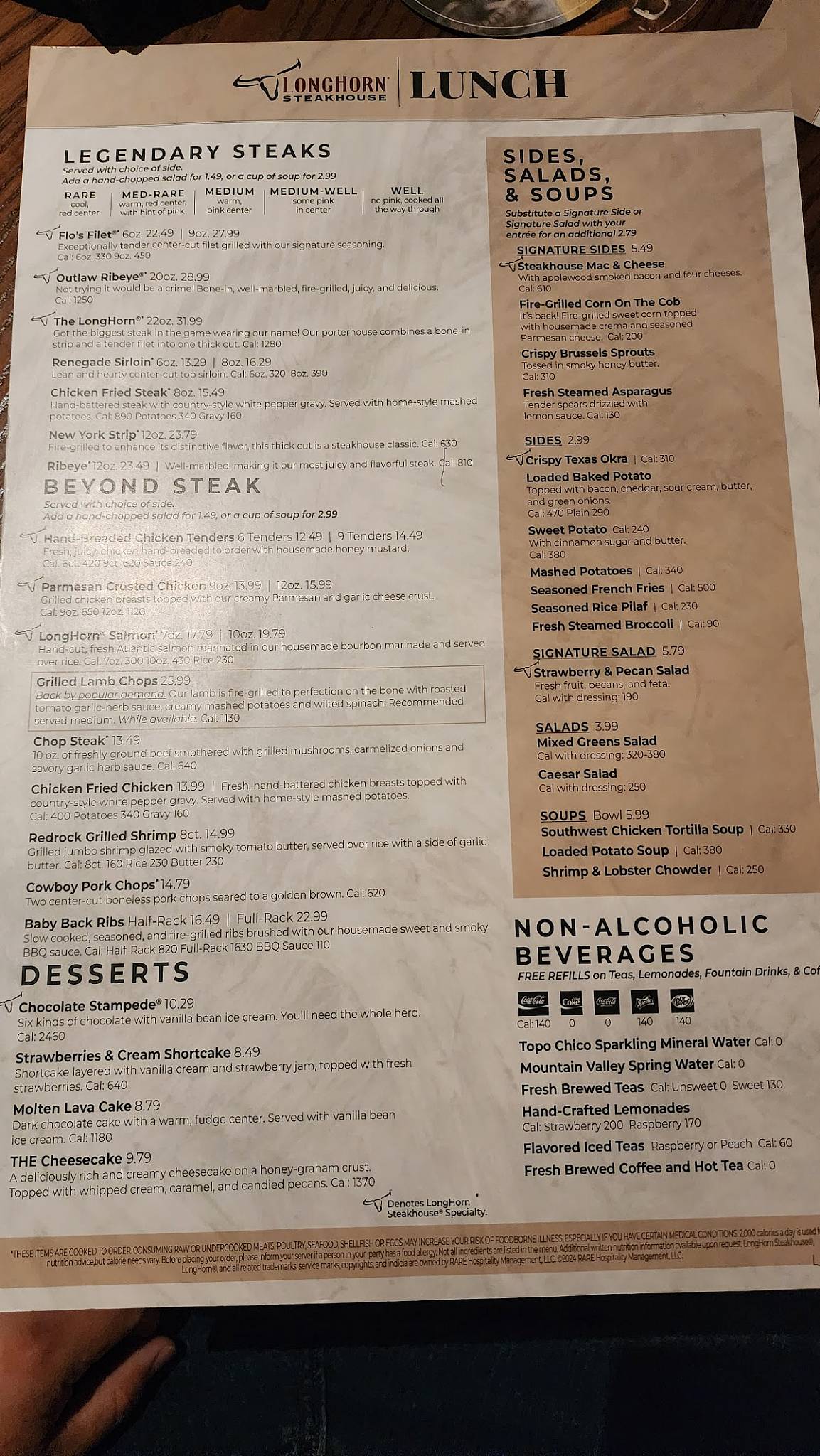 Longhorn restaurant menu store