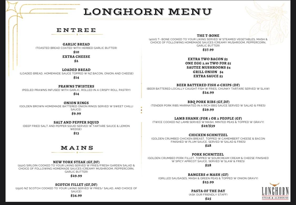 Menu at Longhorn Steak and Alehouse pub & bar, Upper Hutt