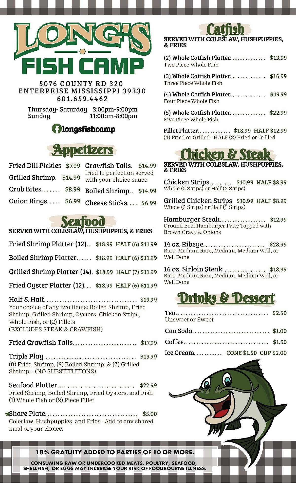 Menu at Long's Fish Camp restaurant, Enterprise