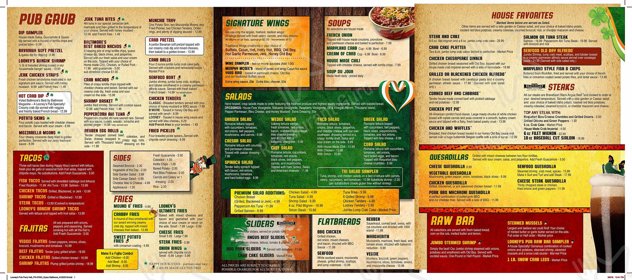 Menu at Looney’s Pub Perry Hall, Overlea, Belair Rd