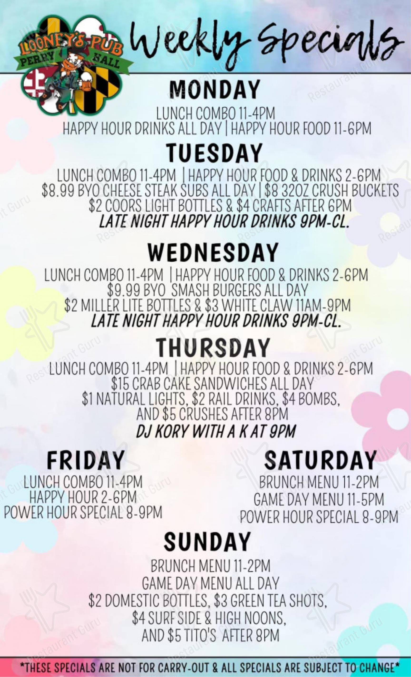 Menu at Looney’s Pub Perry Hall, Overlea, Belair Rd