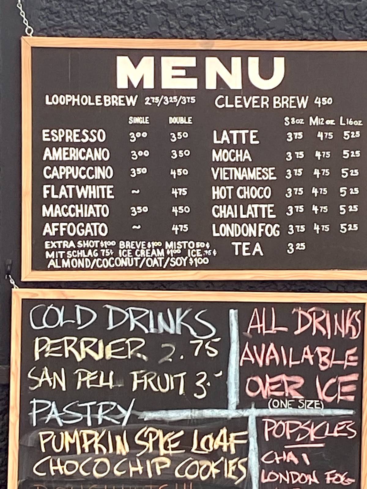 Menu at Loophole Coffee Bar, Calgary
