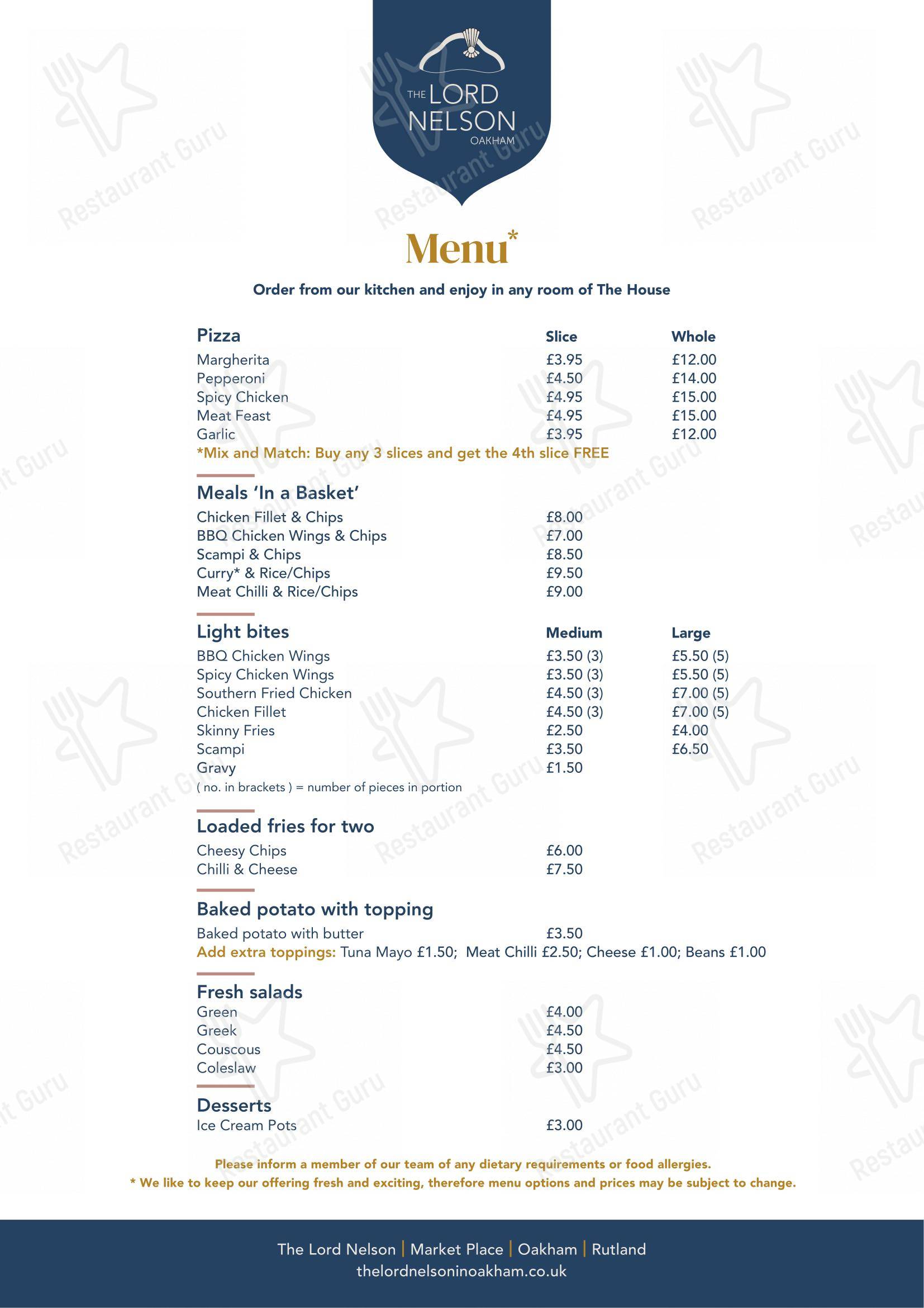 Menu at The Lord Nelson - Oakham pub & bar, Oakham