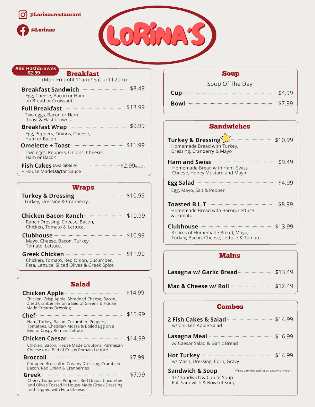 Menu at Lorina's Restaurant, Torbay
