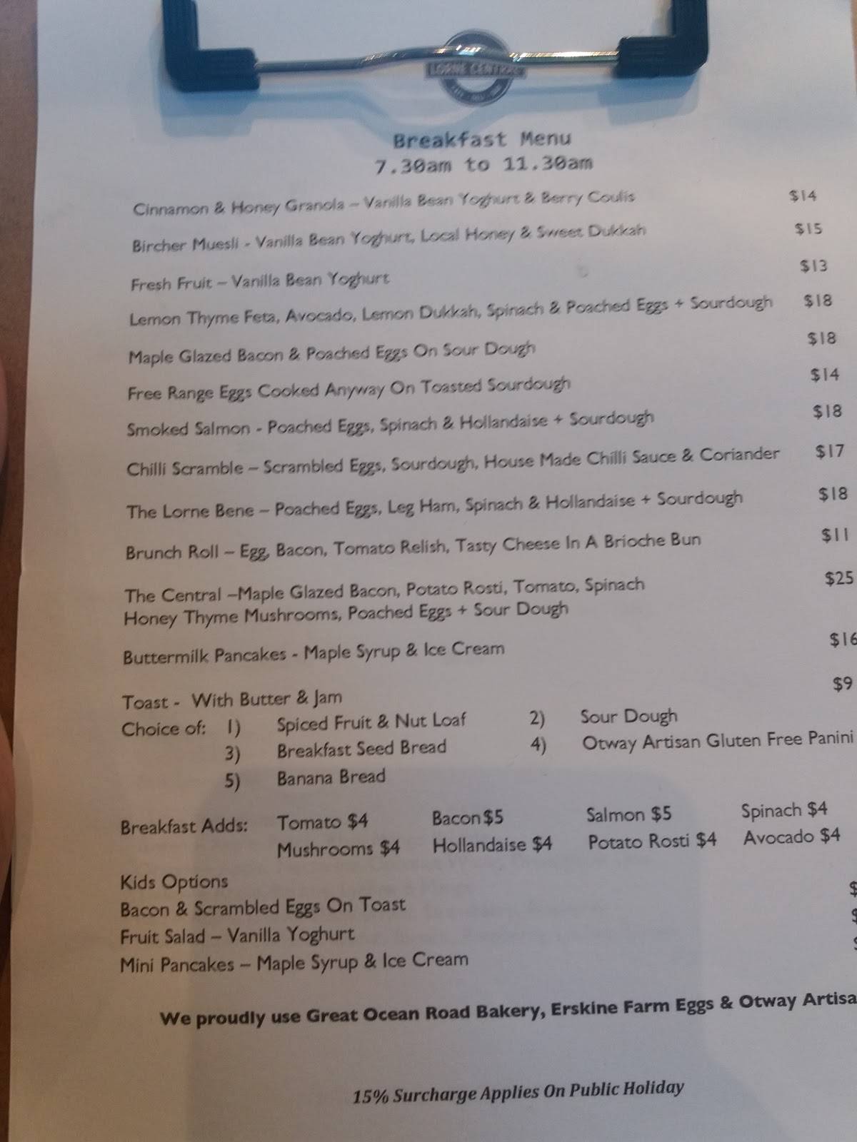 Menu at Lorne Central pub & bar, Lorne