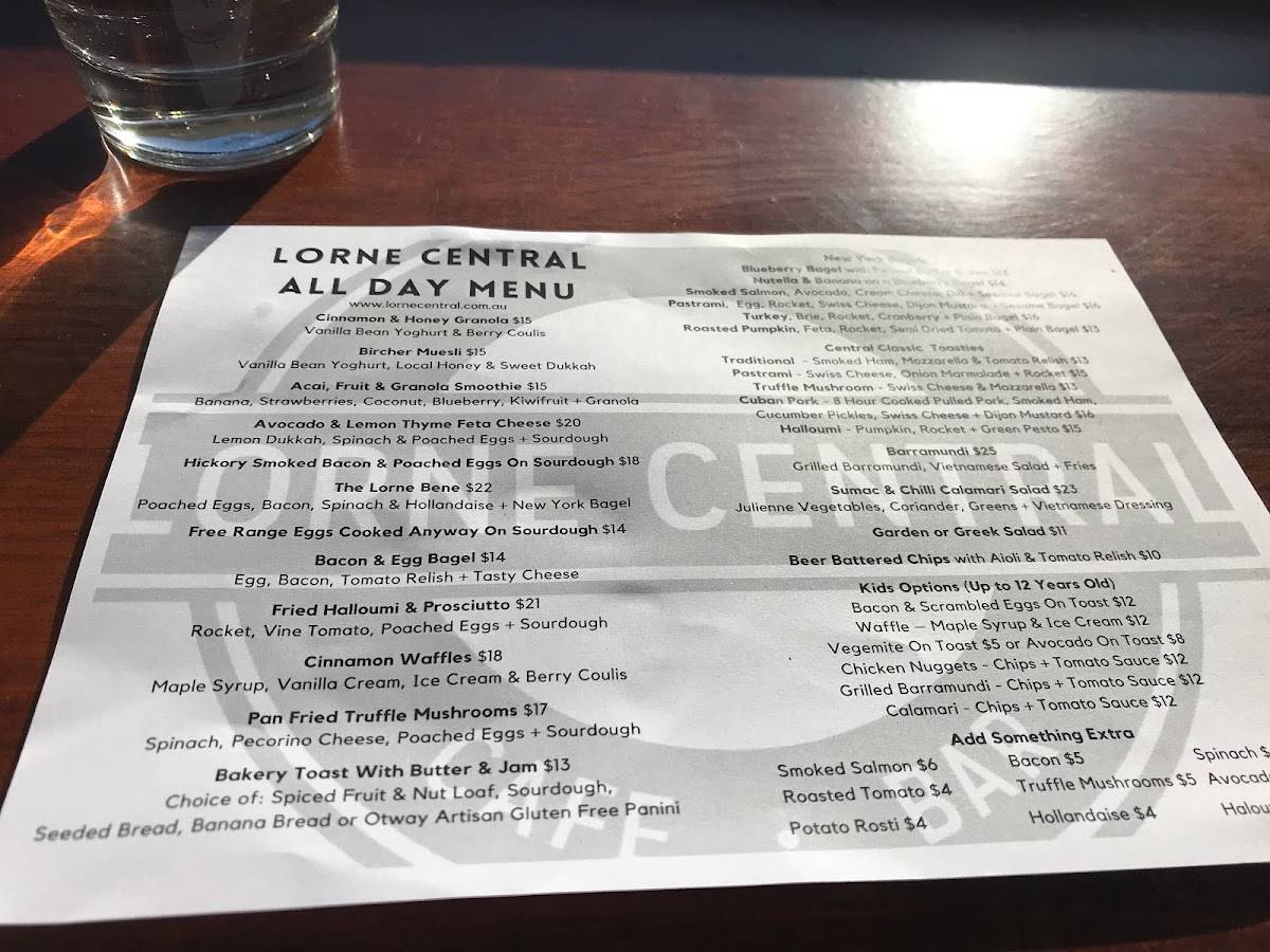 Menu at Lorne Central pub & bar, Lorne