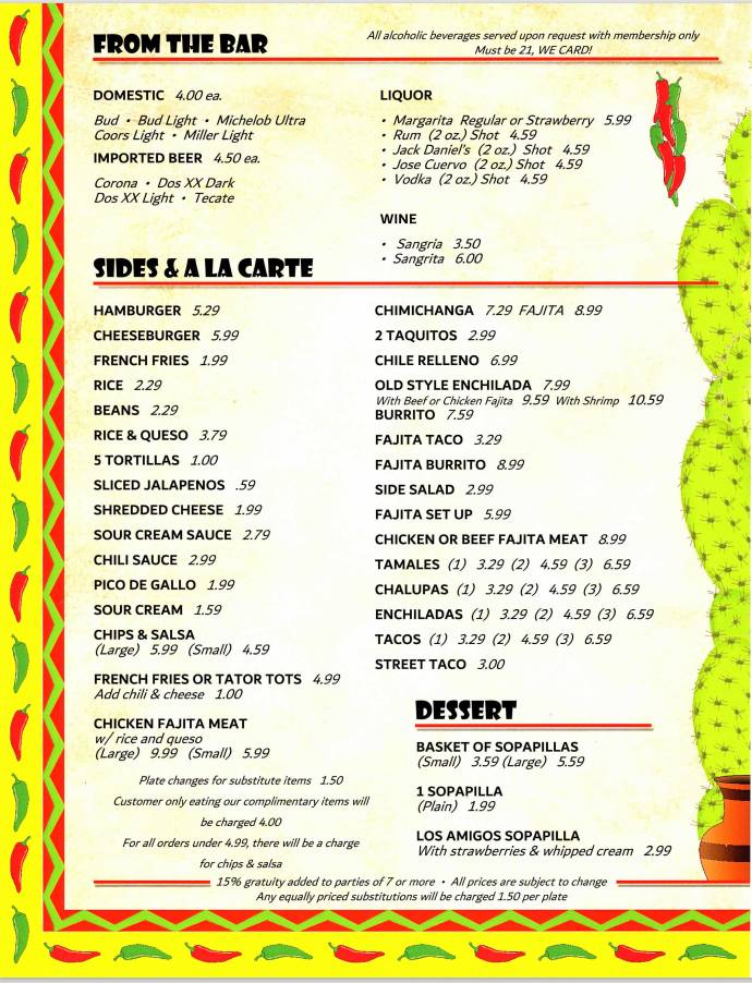 Menu at Los Amigos restaurant, Bonham