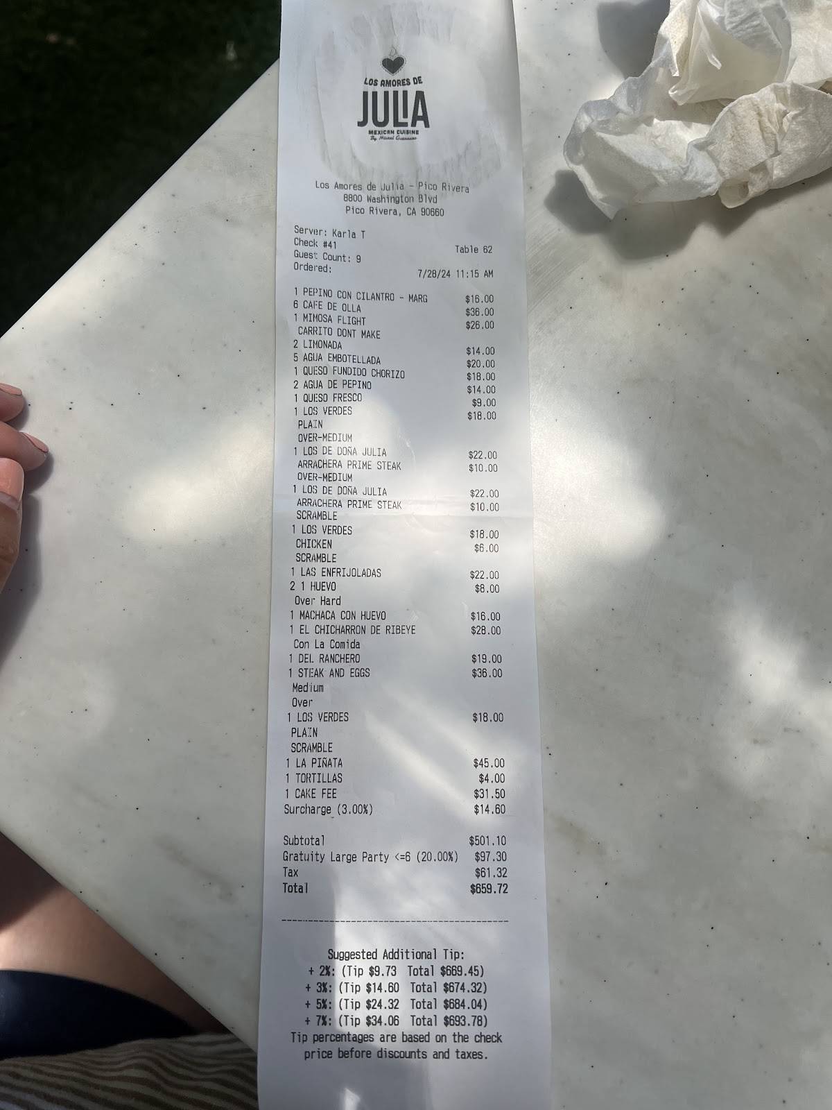 Menu at Los Amores de Julia restaurant, Pico Rivera