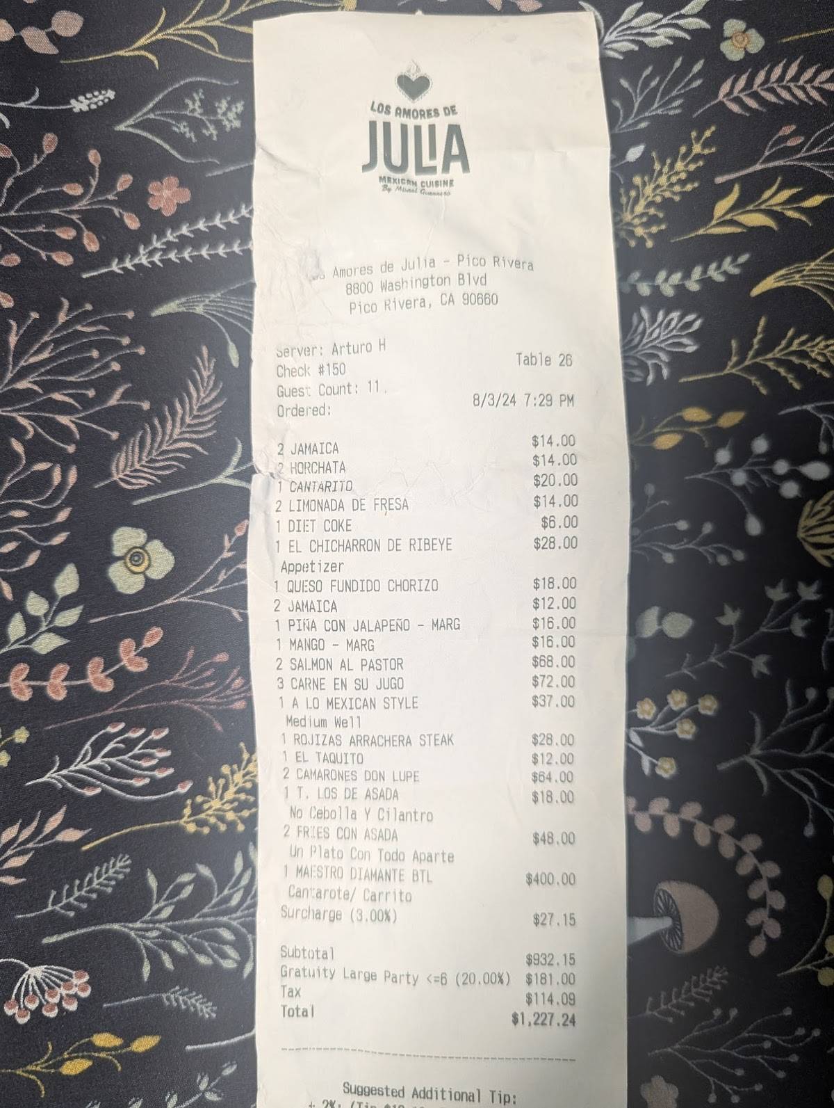 Menu at Los Amores de Julia restaurant, Pico Rivera