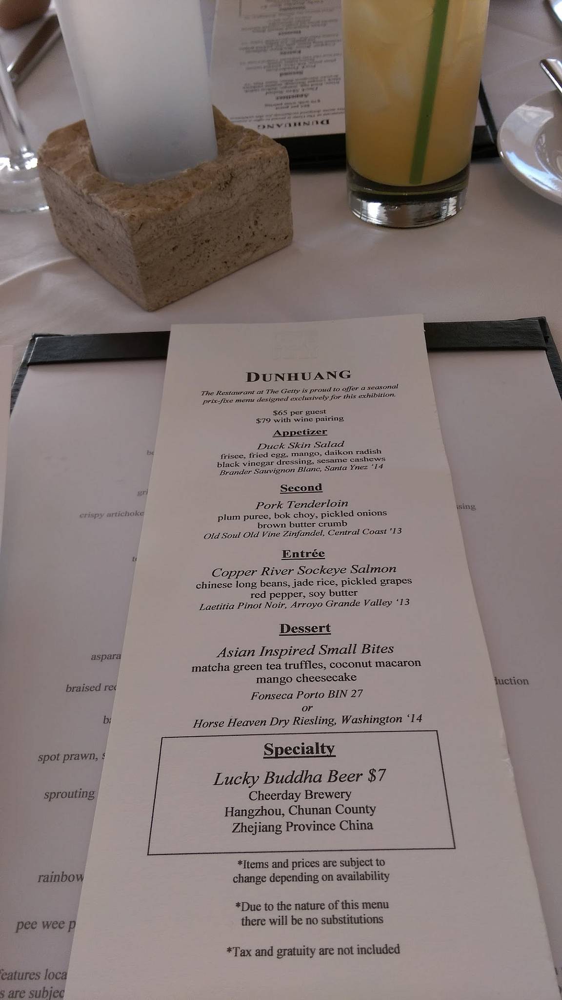 Menu at Restaurant at The Getty Center, Los Angeles