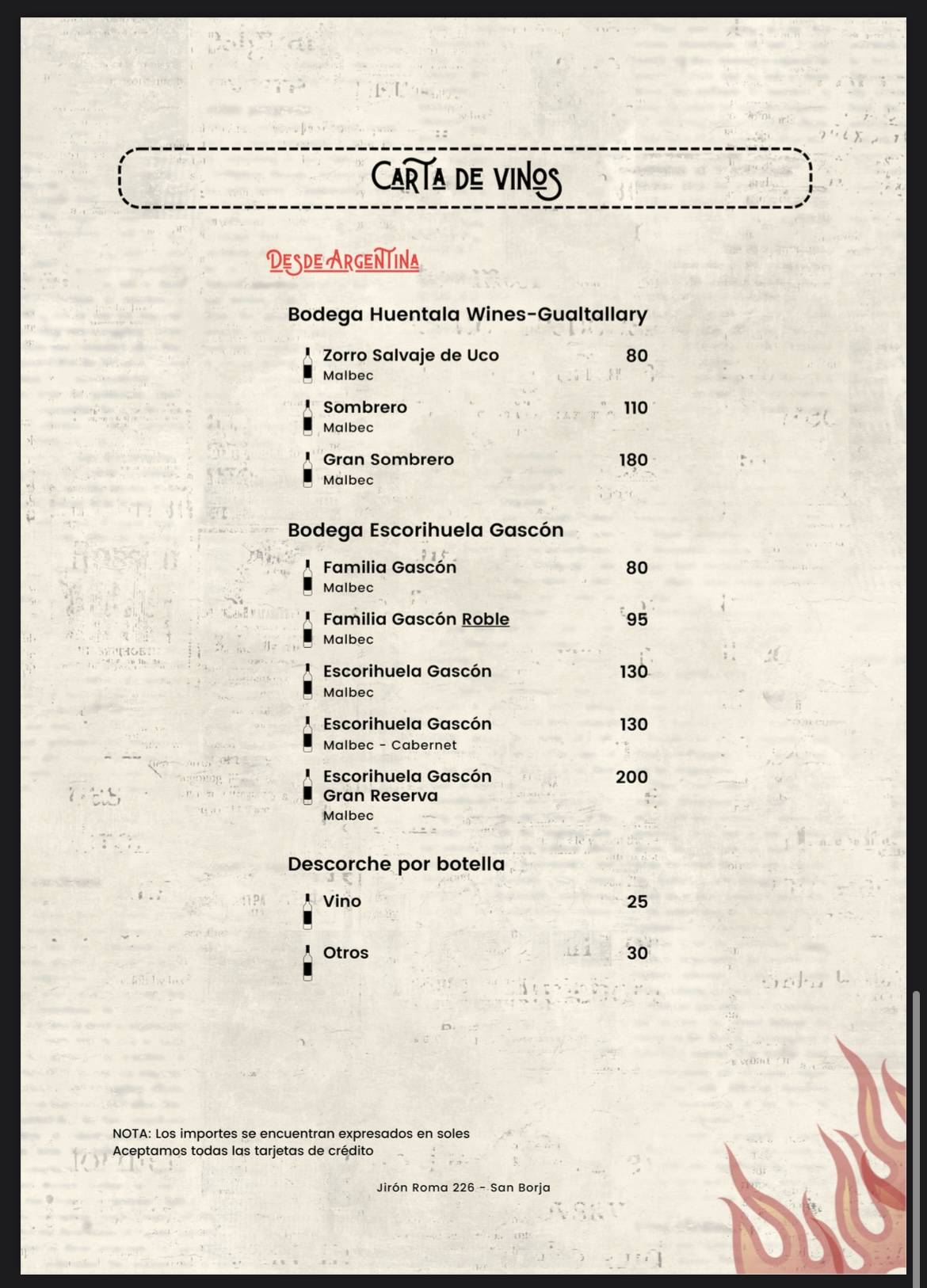 Carta del restaurante Los Ches, San Borja