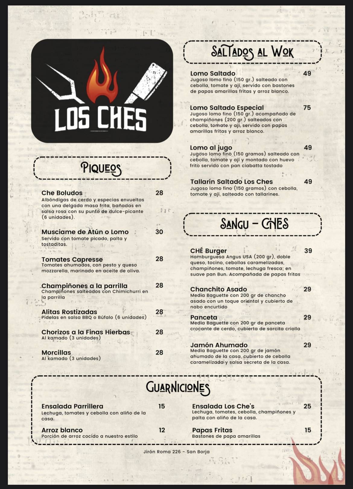 Carta del restaurante Los Ches, San Borja