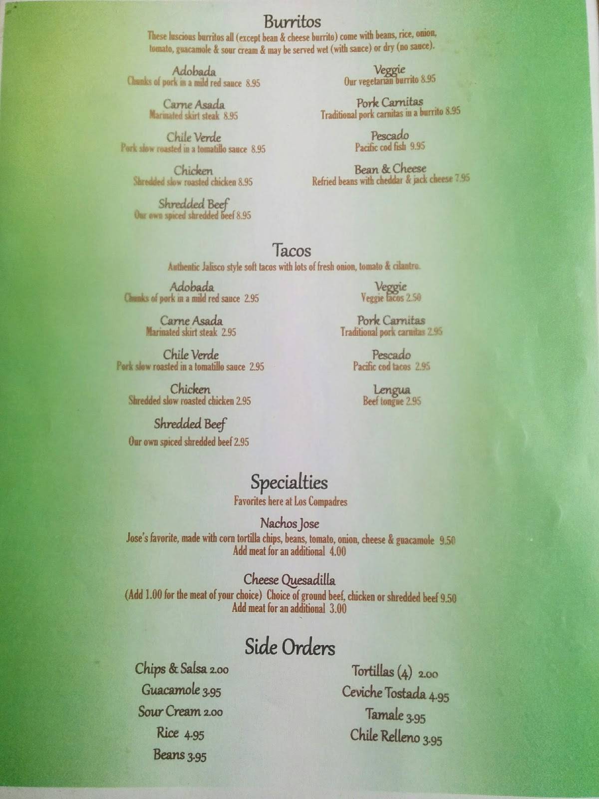 Menu at Los Compadres Taqueria restaurant, Florence