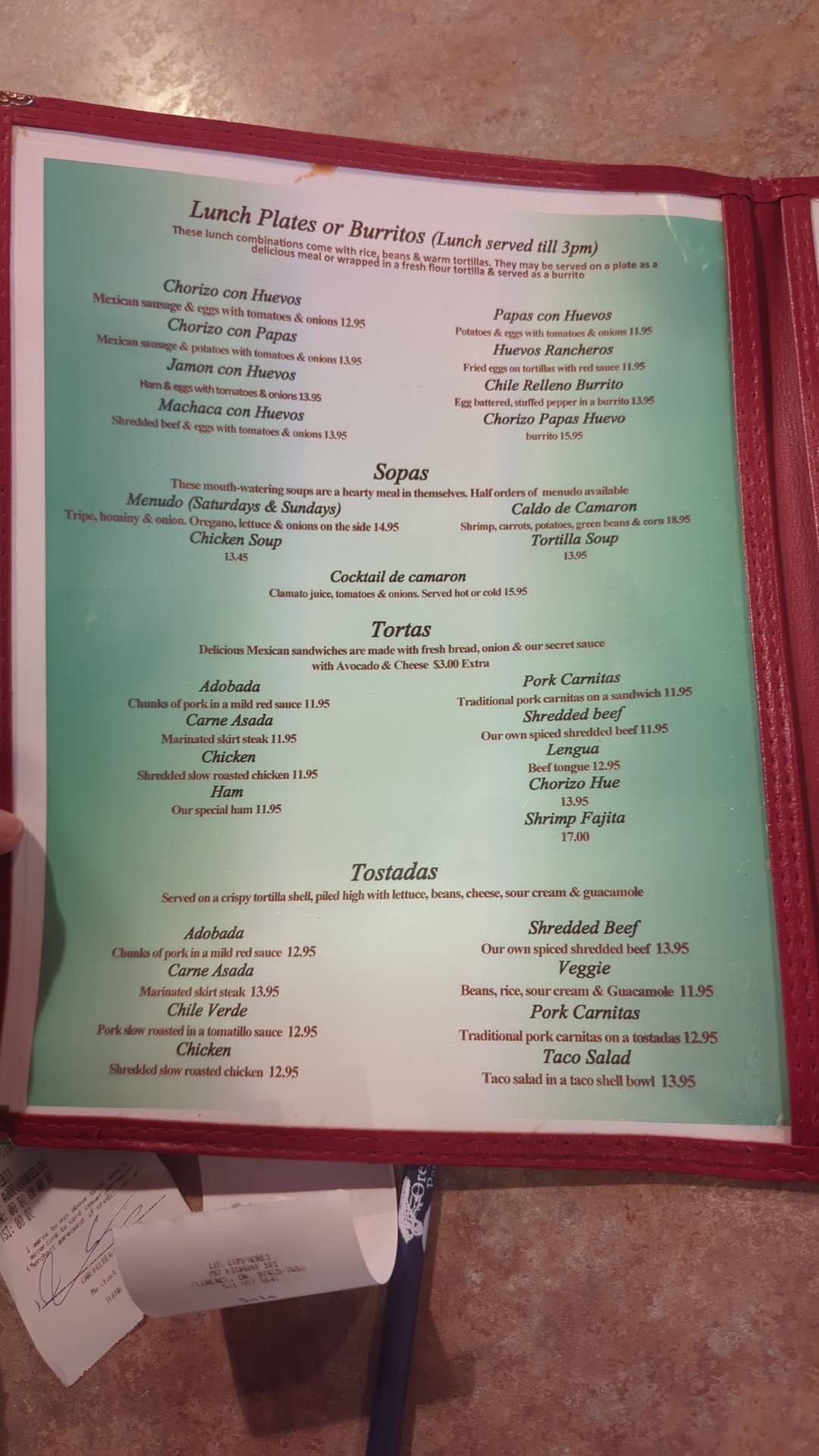 Menu at Los Compadres Taqueria restaurant, Florence