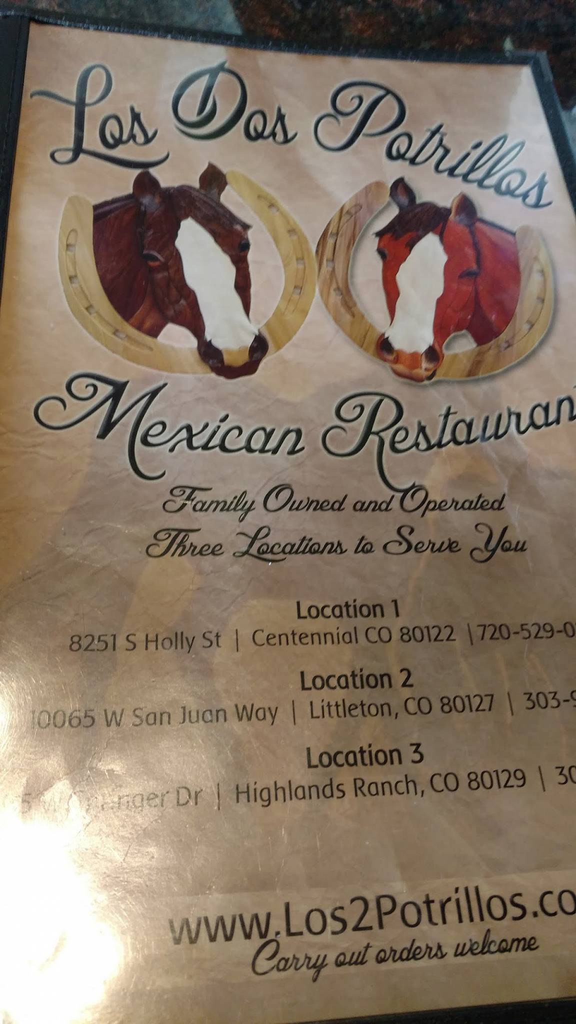 Menu at Los Dos Potrillos Mexican Restaurant, Centennial, S Holly St