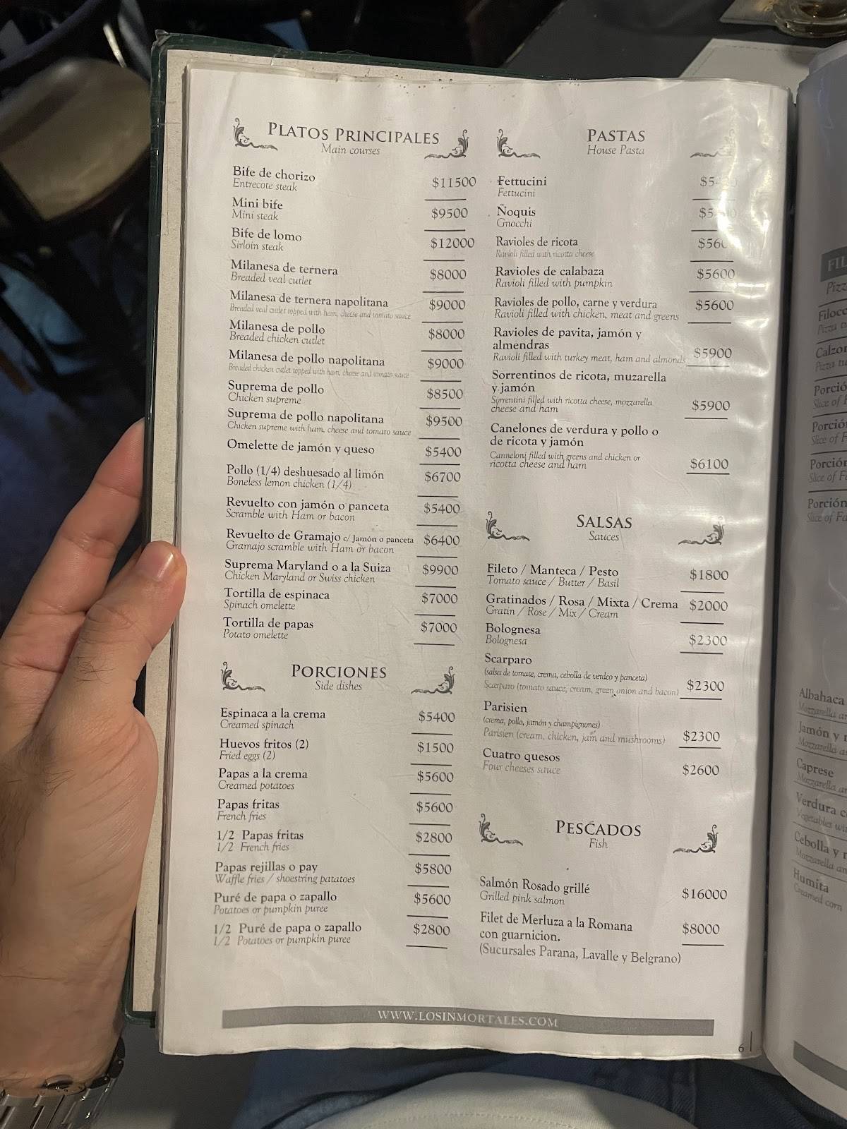 Carta de Pizzería Los Inmortales, Buenos Aires, Lavalle 746