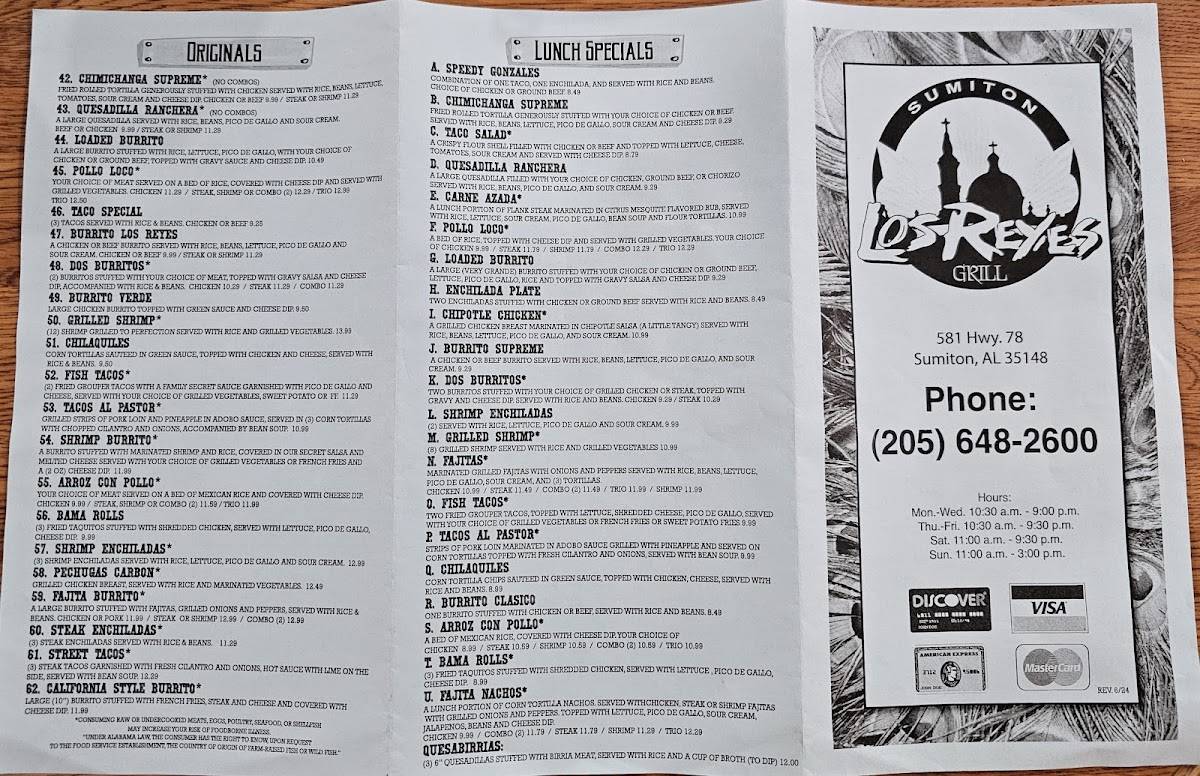Menu at Los Reyes 2 Mexican Kitchen restaurant, Sumiton