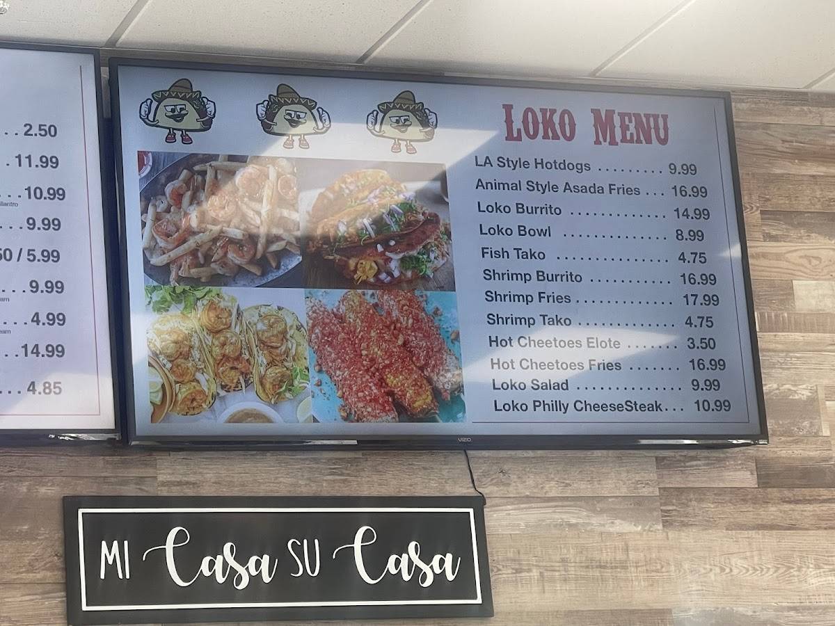 Menu at Los Tacos Lokos restaurant, Riverside