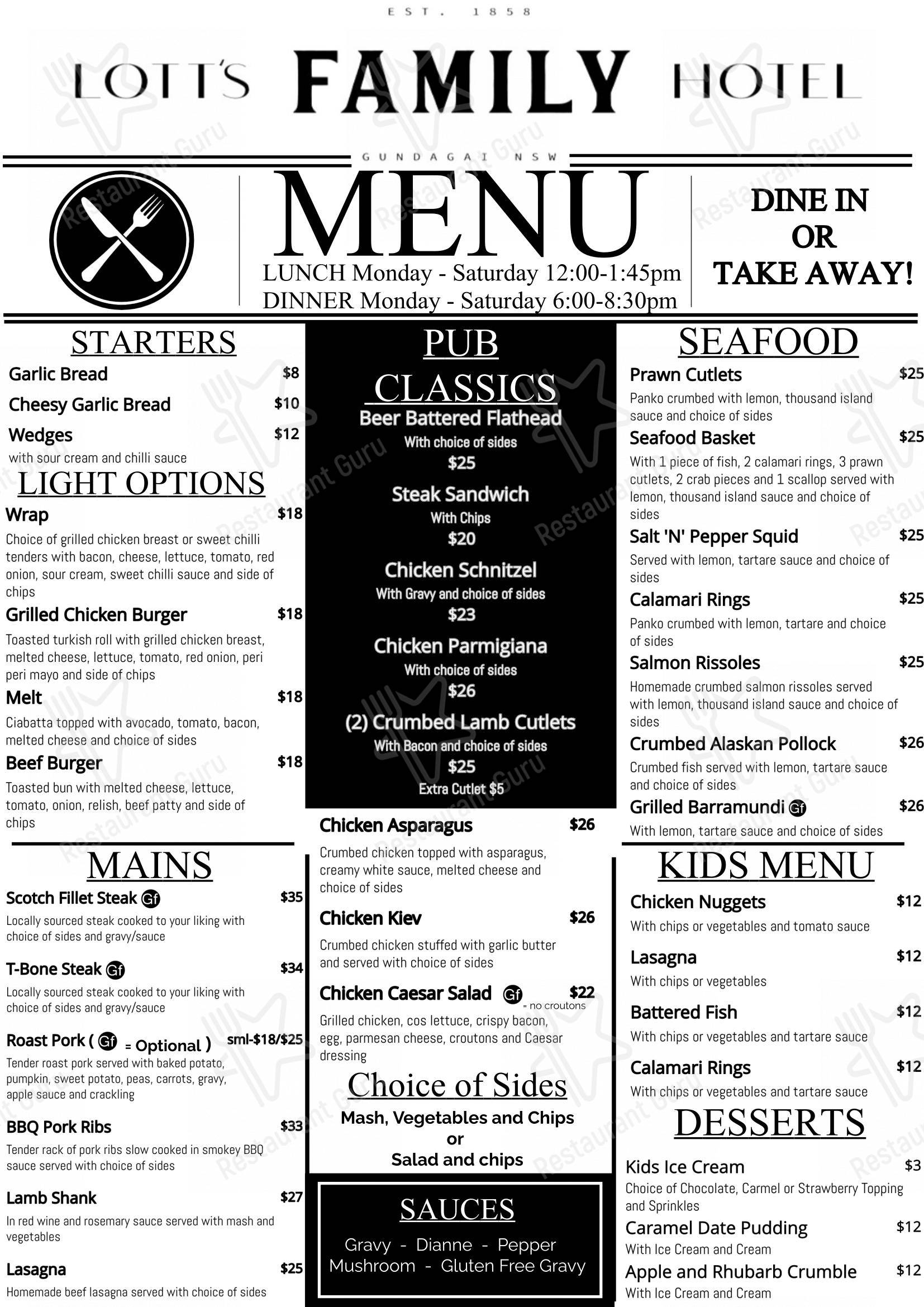 Menu at Lotts Family Hotel Gundagai pub & bar, Gundagai